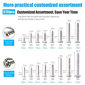 CASAON 570Pcs Self Tapping Screws Assortment Set, M3/M4/M5/M6 304 Stainless Steel Sheet Metal Screws Kit, Phillips Drive Wood Screw Assortment 570pcs (285pcs Round Head and 285pcs Flat Head)