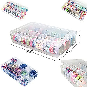 HomDSim 2 Pack 15 Large Grids Clear Plastic Organizer Storage Box for Washi Tape,Adjustable Compartments with Dividers,Container Holder for Ribbon,Sewing,Thread,Masking Tape,DIY Sticker Roll Tape