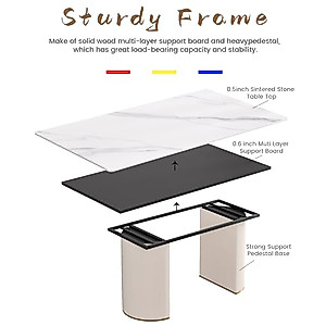 LovingAHome Modern Rectangle Marble Dining Table for 8,79" White Marble Sintered Stone Dining Table with Semi-Circular Pedestal,Faux Marble Kitchen Dinner Table Wrapped in PU Leather (Table Only)