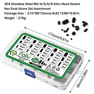 FOLIV Set Screws - 300Pcs Hex Allen Head Socket Set Screw Assortment Kit - M2.5/M3/M4/M5/M6/M8 Grub Screw with Internal Hex Drive (Black)