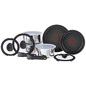 T-fal Ingenio Stainless Steel Cookware Set 13 Piece Induction Stackable, Removable Handle Pots and Pans, Dishwasher Safe Silver