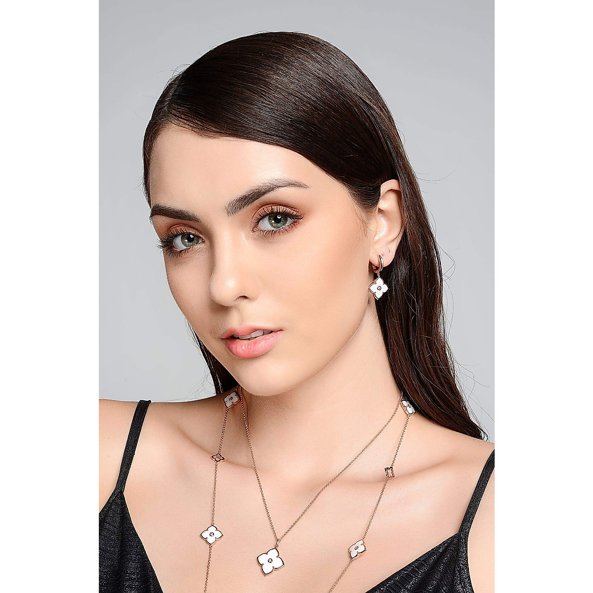 Mother of Pearl Flower Dangle Drop Earrings for Women with Cubic Zirconia in 925 Sterling Silver with Rose Gold Plating Hinged Back by Lavari Jewelers