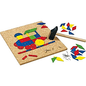 HABA Geo Shape Tack Zap Play Set - Make Geometric Designs with Corkboard, Hammer, Templates and 50 Wooden Tiles (Made in Germany)