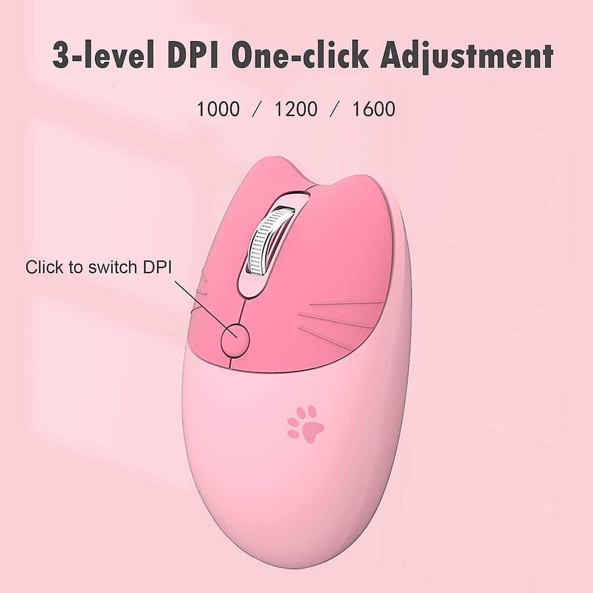 Lomiluskr Cute Cat Wireless Mouse, Lightweight Soundless Mouse, 2.4G Wireless Mice, Candy Colors, Kawaii Mouse for Girls and Kids (Pink)