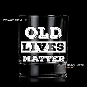 LIGHTEN LIFE Old Lives Matter Whiskey Glass 12 oz,Rock Glass in Valued Wooden Box,Funny Birthday or Retirement Gift for Grandpa,Dad ,Old Man,Old Fashioned Whiskey Glass