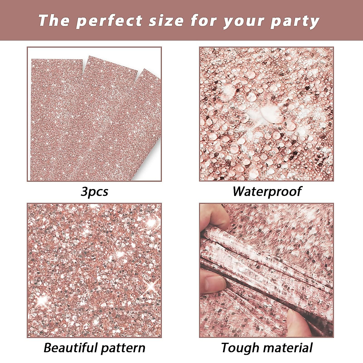 gisgfim 3pcs Pink Rose Golden Birthday Party Tablecloths Rose Gold Sequin Plastic Table Cover Glitter Diamonds Happy Birthday Background Girls for Wedding, Graduation, Anniversary, Holiday(Plastic)