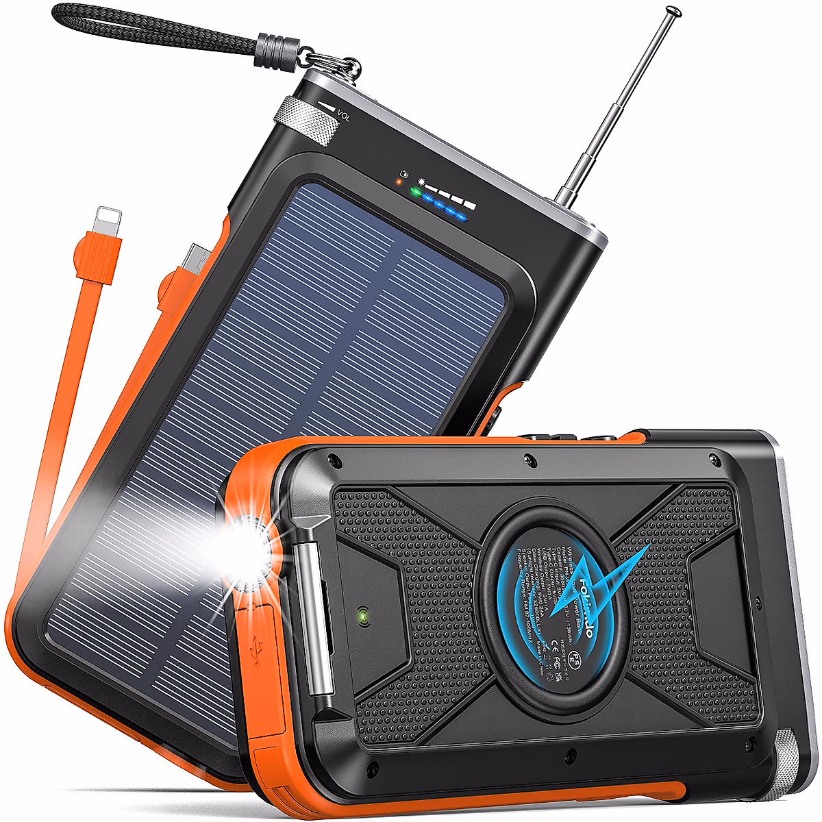 Solar Power Bank 36800mAh, Emergency FM Radio & Bluetooth Speaker, Built-in 2 Cables and Kickstand 15W Fast Charging LED Flashlight, USB C Input/Output Compatible with All Mobile Devices (Black)