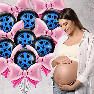 16 Pcs Bow or Burnout Gender Reveal Foil Balloons Set, 18 Inches Wheels Balloon, Bow Balloon, Large Pink Bowtie Foil Balloons for Gender Reveal, Baby Shower Wedding Birthday Party Decoration