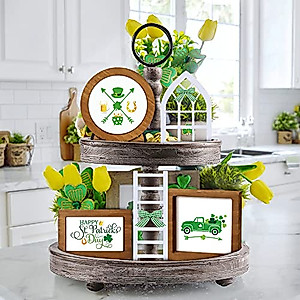 Farmhouse Tiered Tray Decor for Easter/St Patrick's Day/Valentines Decor (Tray Not Included), Rustic Interchangeable Seasonal Decor Set with Wooden Frames, Cards, Arch, Ladder,Easter Table Centerpiece