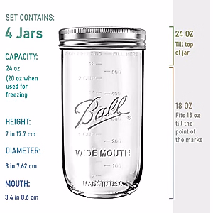 BHL JARS Mason Jars Wide Mouth 24 oz Bundle with Non Slip Jar Opener brand Set of 4 Mason Jars - Canning Glass Jars with Lids and Bands