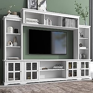 TV Stand for TV's up to 75 Inch with Open Bookshelf, Wine Cabinet & Display Cabinet, Multifunctional Entertainment Wall Unit with Bridge & Tempered Glass Door for Living Room