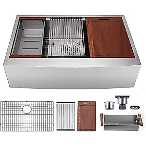 ALWEN 30 x 22 inch Farmhouse Worksation Kitchen Sink, Stainless Steel Farmhouse Apron Front Kitchen Sink, Handmade Modern Apron-front Single Bowl Farm Kitchen Sink with Ledge and Accessories