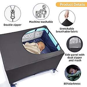 Blackout Cover for Pack and Play Breathable Crib Cover Stretchy Baby Darkening Netting Cover Indoor Outdoor Canopy Travel Accessories for Baby Infant Sleep