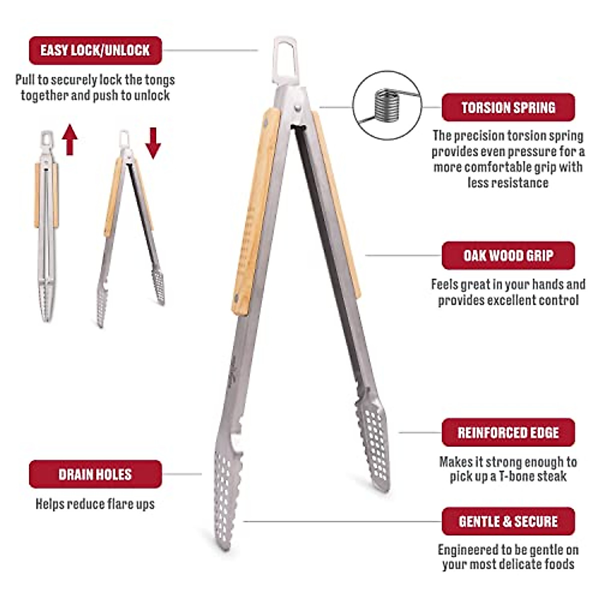 Dropkick Your Old Tongs, GRILLHOGS 16-Inch Barbecue Tongs Are the Only Equipment That Can Handle Your Massive Meat, Stainless Steel + Oak Wood BBQ Tongs, Premium Grill Tongs