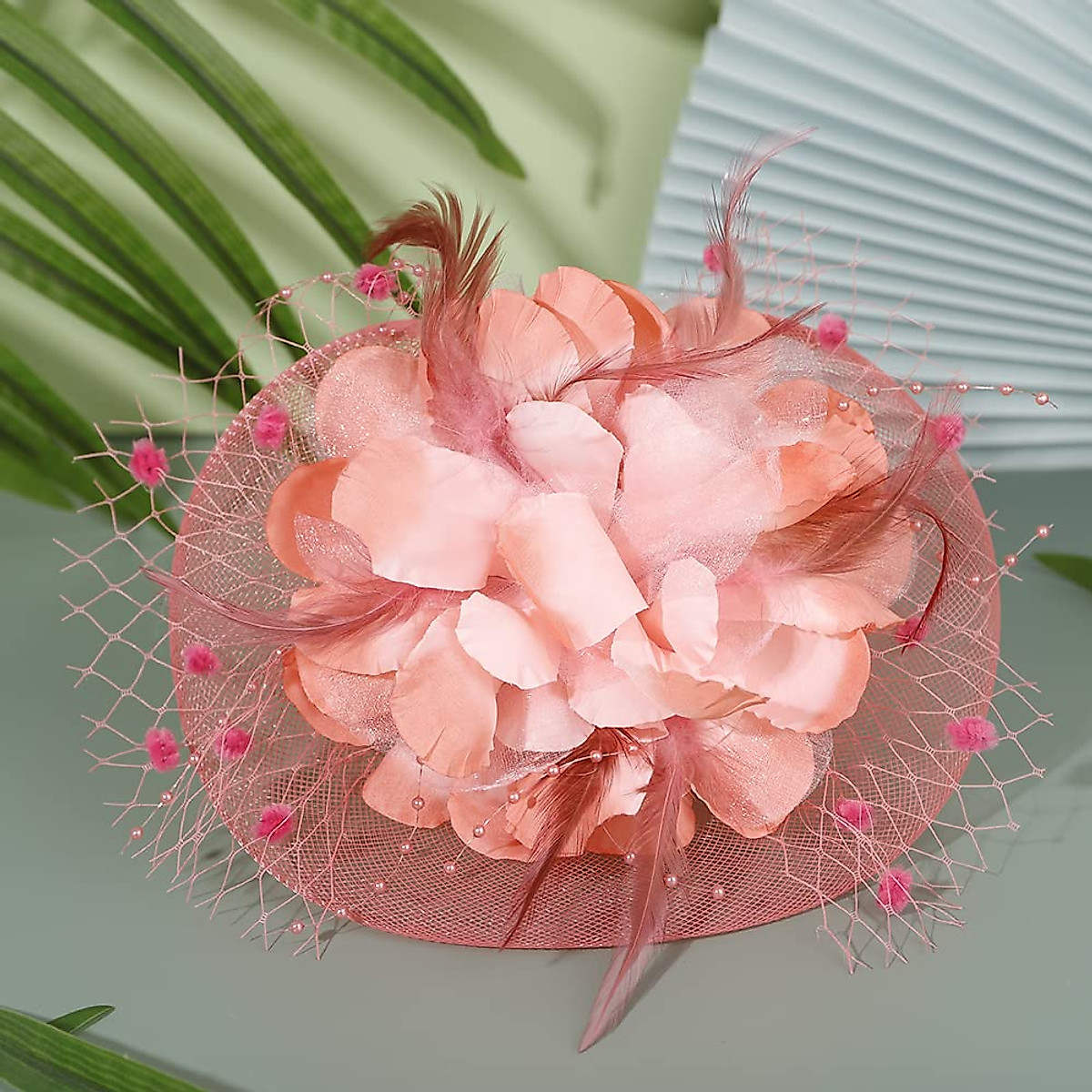 JWICOS Fascinators Hat for Women 50s Flower Hat with Veil Cocktail Wedding Tea Party Church Derby Hat (Coral)