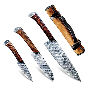 Breliser 3-Piece Knives Set for Kitchen, Damascus Chef Knife Set With Professional Chef Knife, Santoku Knife, & Paring Knife, Diamond-Hammered Kitchen Knifes With Rosewood Handles, Gifts for Chefs