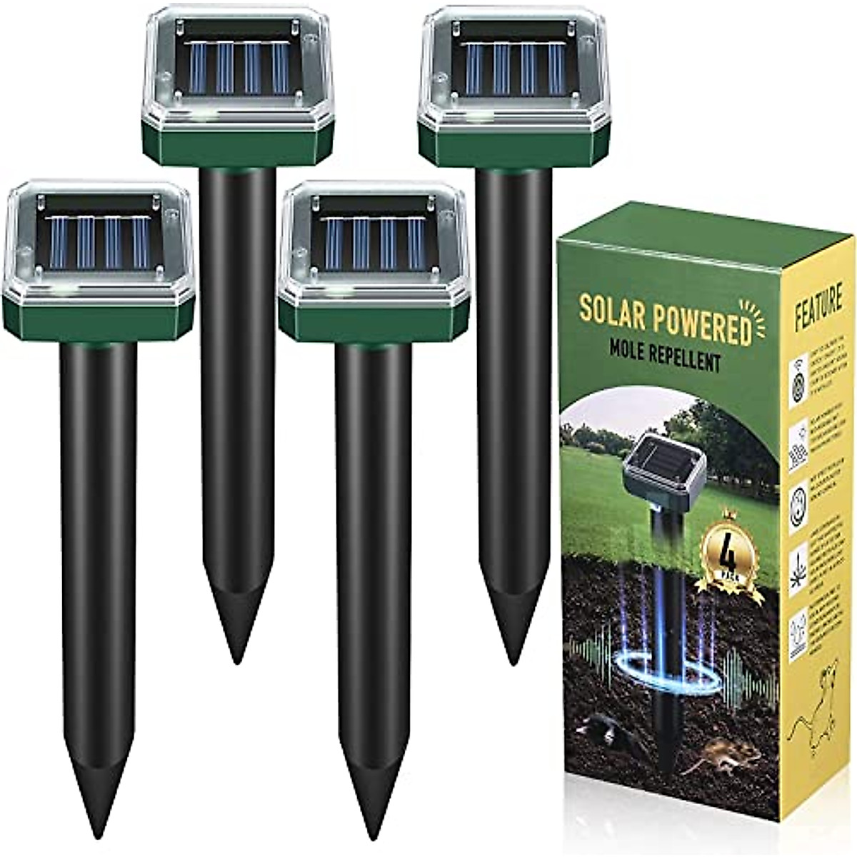 Mole Repellent Solar Powered 4 Pack, Waterproof Gopher Repellent Ultrasonic Solar Powered for Lawn, Vole Repellent Chipmunk Repellent Outdoor, Groundhog Chipmunk Repeller, Snake Repellent for Yard