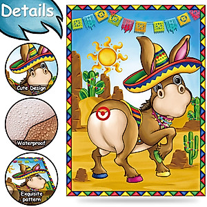 Zonon Pin The Tail on The Donkey Mexican Donkey Game, Mexican Fiesta Decorations, Taco Party Supplies, Poster with Blindfolds and Stickers Mexican Fiesta Birthday Carnival Party Decorations