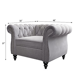 3 Piece Living Room Set, Velvet Chesterfield Sofa Loveseat Couch Chair with Scroll Arms and Nailhead for Living Room, Office (Grey)