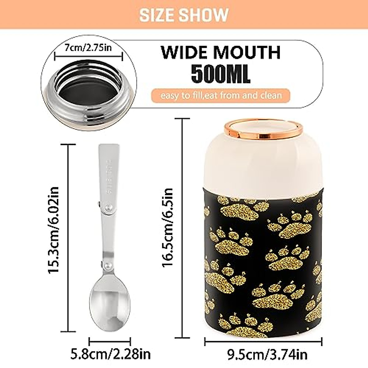 CUPADA Dog Paw Print Food Jar for Hot and Cold, Golden Glitter Insulated Food Jars Vacuum 17OZ with Folding Spoon for Work Trip Picnic Camping