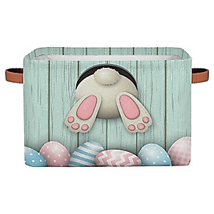UOYO Easter Eggs Basket Bunny Tail Rabbit Wooden Large Storage Basket Bin With Handles Fabric Toys Box Collapsible Closet Shelf Blanket Organizer Basket Decorative for Nursery Bedroom Kids Room