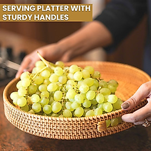 HOMESSENT Round Rattan Tray 11.81x 2.4 Inches -Natural Rustic & Sturdy Wicker Tray with Cut-Out Handles - Hand Woven Tray for Storage & Decoration – Basket Tray for Serving Coffee, Fruits & Drinks