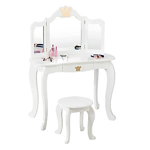 HONEY JOY Kids Vanity, Crown Themed Toddler Dressing Makeup Table and Chair Set w/Drawer & Tri-Folding Mirror, Detachable Mirror, Princess Pretend Play Girls Vanity Set with Mirror and Stool(White)