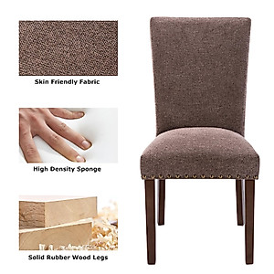 COLAMY Upholstered Parsons Dining Chairs Set of 4, Fabric Dining Room Kitchen Side Chair with Nailhead Trim and Wood Legs - Brown