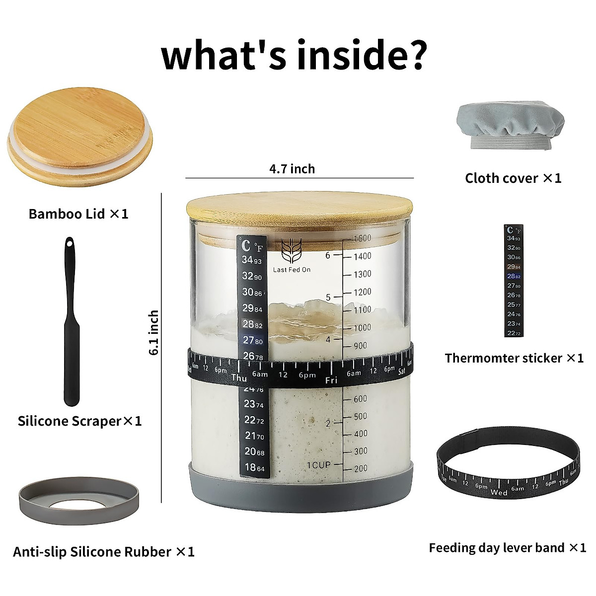 Sourdough Starter Jar,50oz Wide-Mouth with Non-slip silicone rubber Bottom Sourdough Starter Kit,Date Marked Feeding Band, Thermometer, Cloth Cover & Bamboo Lid, Reusable Sourdough Bread Baking