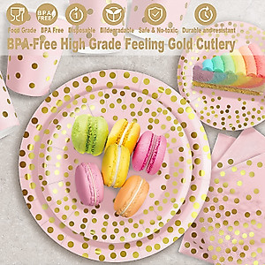 175PCS Pink Rose Gold Plates Napkins Party Supplies, Severs 25 Disposable Party Pink Plates, Plastic Forks Knives Spoons, Golden Dot Paper Plates, Napkins Cups for Baby Shower Decorations Pink Party