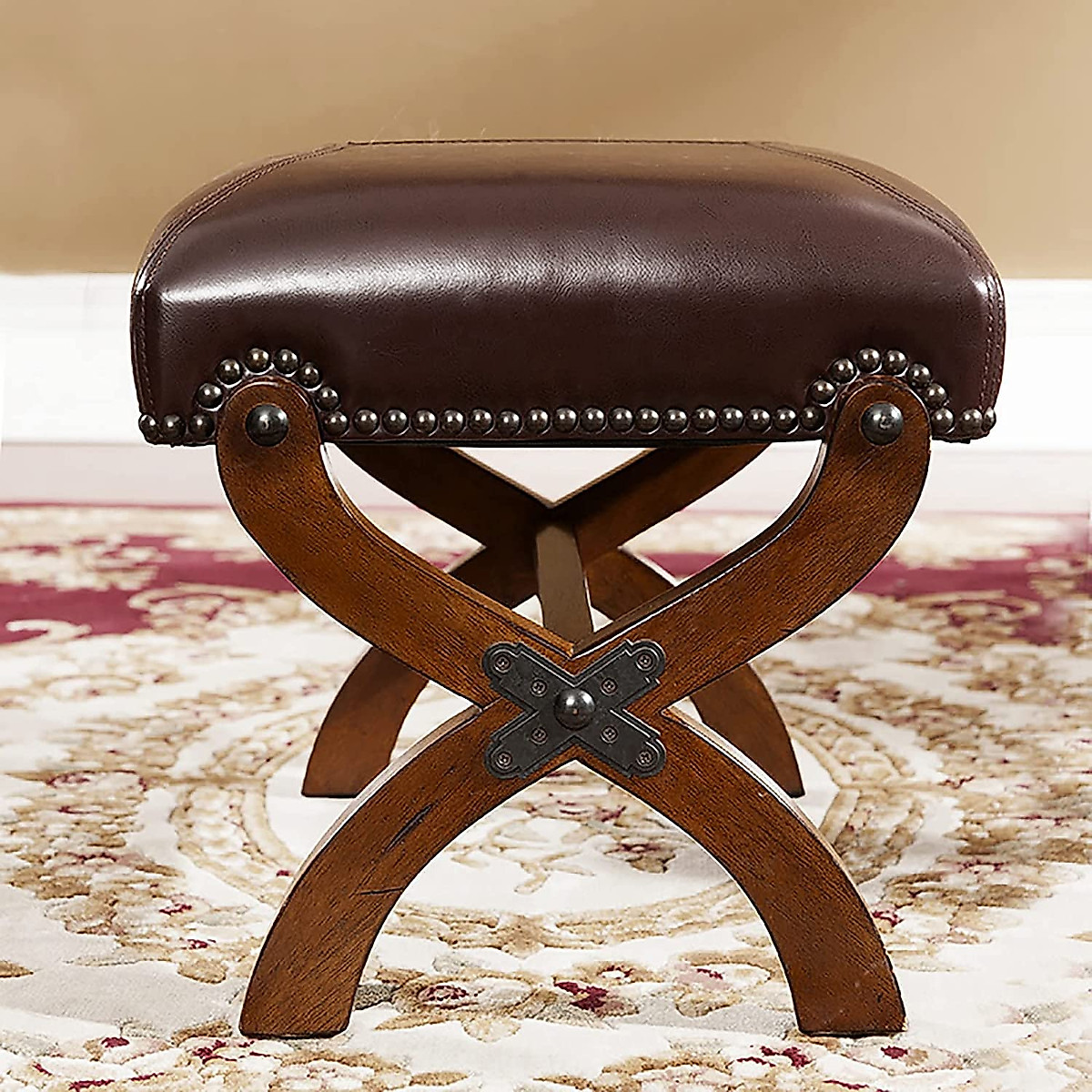 CYYTLFSD Leather Footrest Wood Ottoman,Rustic Foot Stools Ottoman Seat, Wood Footstool,Rectangle Footrest Small Ottoman for Living Room Bedroom (Black)