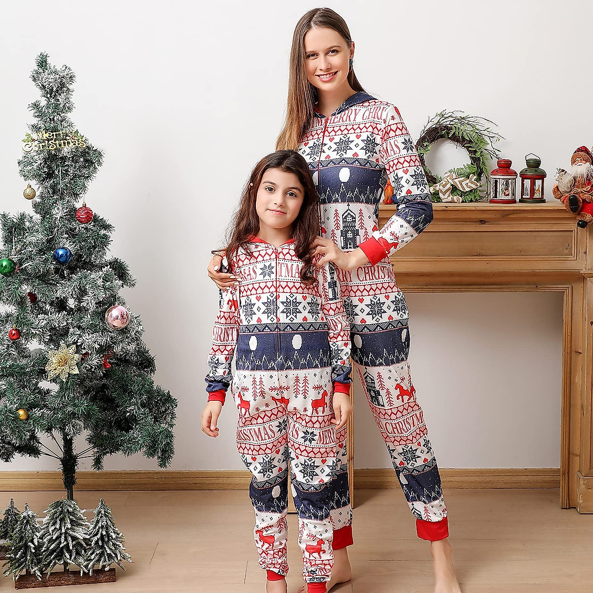 ANGELGGH Family Matching Christmas Onesie Pajamas, Vacation Cute Printed One Piece Pajamas, Xmas Hooded Holiday Sleepwear (Youth, 2-3T, Striped Snowflake)