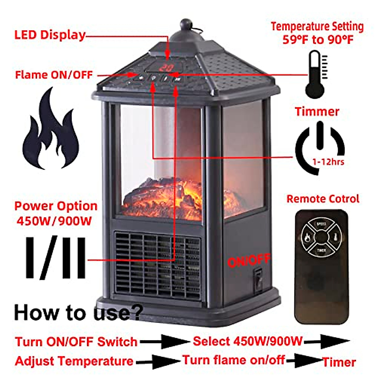 Portable Little Small Electric Fireplaces Space Heaters for Indoor Use Freestanding Bedroom Mini Electric Space Fireplace Heaters Stove with Flame Thermostat Timer Remote Control Overheat Protection