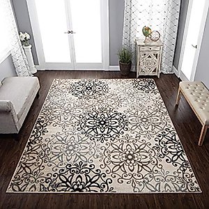 Superior Indoor Area Rug, Jute Backed, Perfect for Entryway, Office, Living/Dining Room, Bedroom, Kitchen, Hardwood Floor, Floral Scroll Decor, Leigh Collection, 9' x 12', Beige Ivory