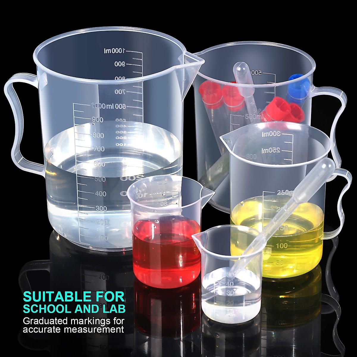 Plastic Graduated Cylinders& Plastic Beakers,Teenitor 5pcs Plastic Graduated Cylinders 10ml 25ml 50ml 100ml 250ml & 5pcs Plastic Beakers 50ml 100ml 250ml 500ml1000ml Clear 10pcs