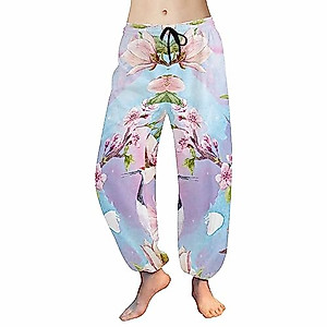 InterestPrint Flying Bird Flower Women's Yoga Trousers Baggy Lounge Bottoms Soft Yoga Sports Dance Harem Pants with Pockets XL