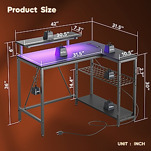 Bestier Small Gaming Desk with Power Outlets,42 L Shaped LED Computer Desk with Stand Reversible Shelves,Corner Gamer Desk with Headset Hooks USB Charging Port,Carbon Fiber Black