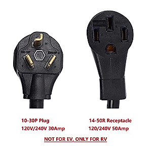 ONETAK NEMA 10-30P to 14-50R 120V/240V 30 Amp 3 Prong Male Plug to 50 Amp 4 Prong Female Outlet Receptacle Dryer Stove Welder RV Power Cord Adapter