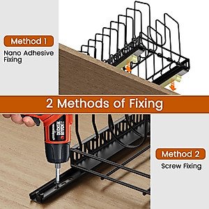 Housolution Pull Out Pot and Pan Organizer Rack for Under Cabinet, Slide Out Pot Lid Organizer Holder with 10 Adjustable Dividers, Sliding Pot and Pan Storage Organizer Inside Cabinet, Black