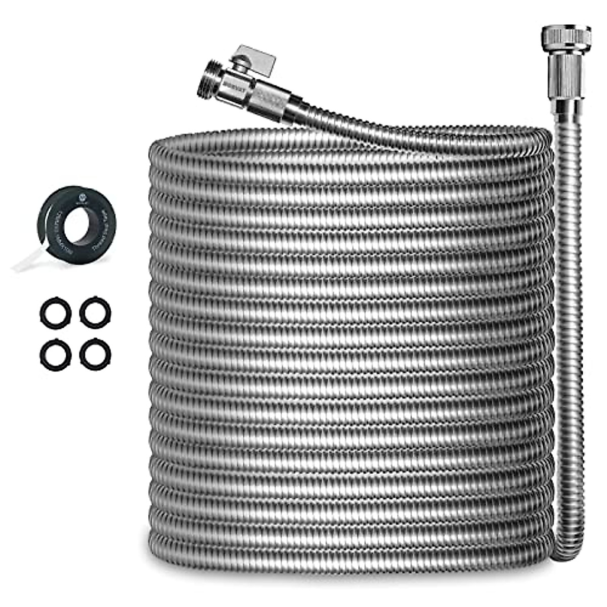 Morvat Heavy Duty 150 Foot Stainless Steel Garden Hose with All Brass Shut-Off Valve, Kink and Tangle Free, Crush and Puncture Resistant, Includes Roll of Teflon Tape and Extra Washers
