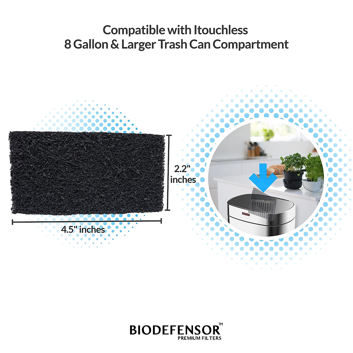 Biodefensor Carbon Odor Filter Compatible with Itouchless Trash Cans - Made in USA - Absorbs Odors, Stink, Diaper Smells & Garbage Deodorizer Eliminator, 4-Pack