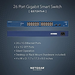 NETGEAR 26-Port Gigabit Ethernet Smart Switch (GS724Tv4) - Managed, with 24 x 1G, 2 x 1G SFP, Desktop or Rackmount, and Limited Lifetime Protection