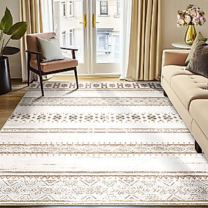 BESTSWEETIE 9x12 Area Rugs for Living Room Washable Moroccan Farmhouse Neutral Geometric Low Pile Non-Slip Soft Print Pattern Rug for Bedroom Kitchen Dining Room Entryway Cream/Brown/Pink