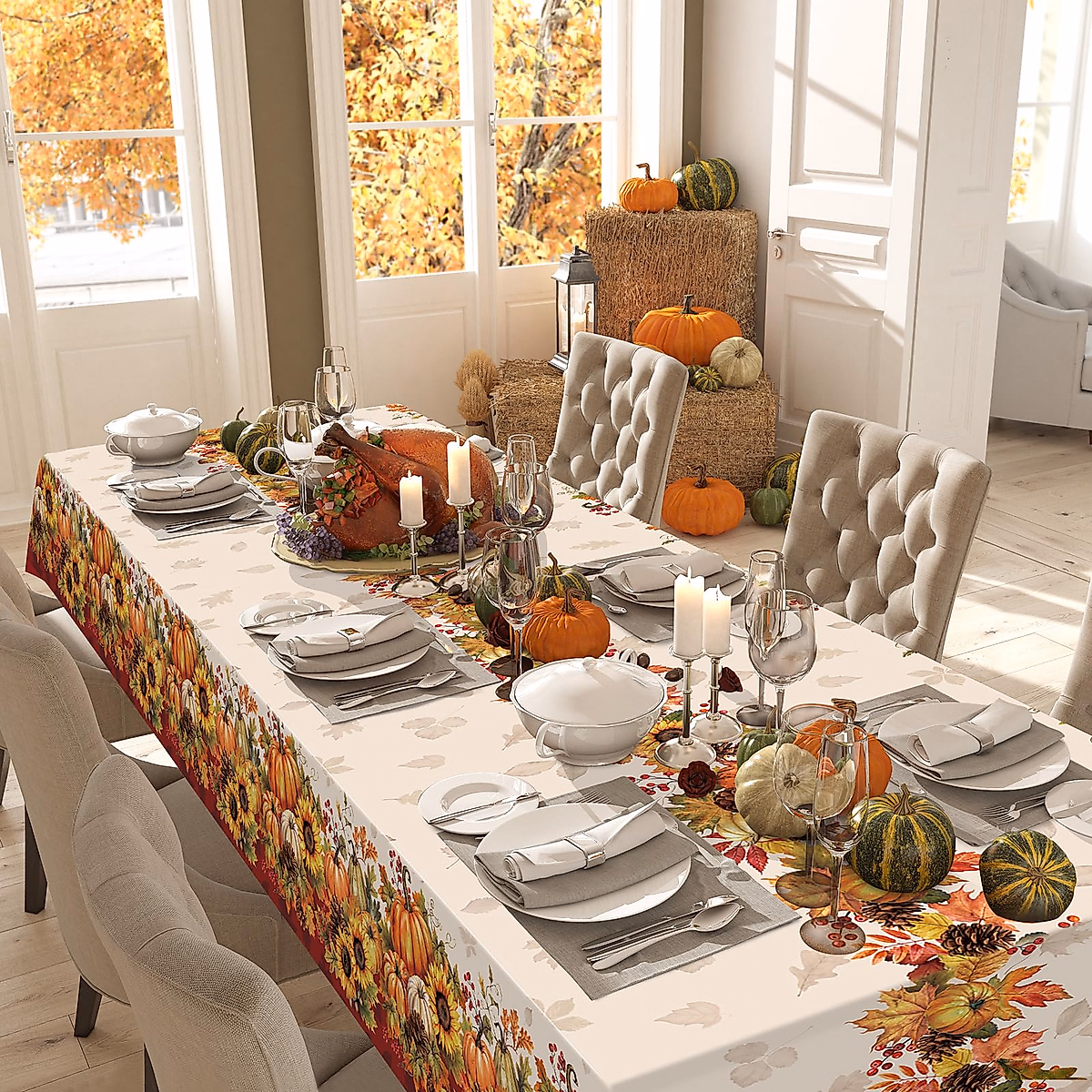 YIDAKO 3 Pack 108x54 inch Fall Tablecloths, Sunflower Pumpkin Tablecloth,Plastic Disposable Rectangle Table Cover for Autumn Harvest Thanksgiving Halloween Party Decorations