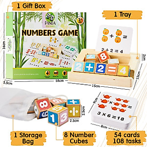 Panda Brothers Number Blocks Toys for Kids - Wooden Montessori Toys for 3 4 5 Year Old Kids, Kindergarten Learning Activities with 54 Math Flash Cards, 8 Number Blocks Toys Counting Toys Math Blocks