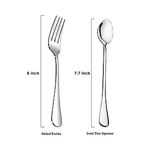 SANTUO Spoons and Forks Set, 6-Piece 8" Salad Forks and 6-Piece 7.7" Iced Tea Spoons Long Handle Stainless Steel Use for Camping or Afternoon Tea, Mirror Polished & Dishwasher Safe