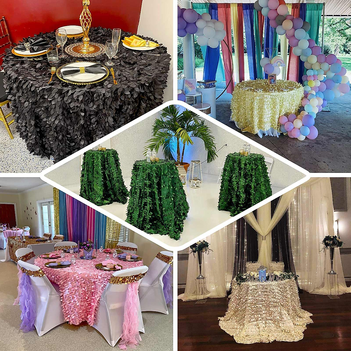 Efavormart 132" Leaf Petal Taffeta Tablecloth Round - Green for Wedding, Party, Event, Banquet, Decoration, Dessert Table Exhibition, Events Table Cover, Indoor Outdoor