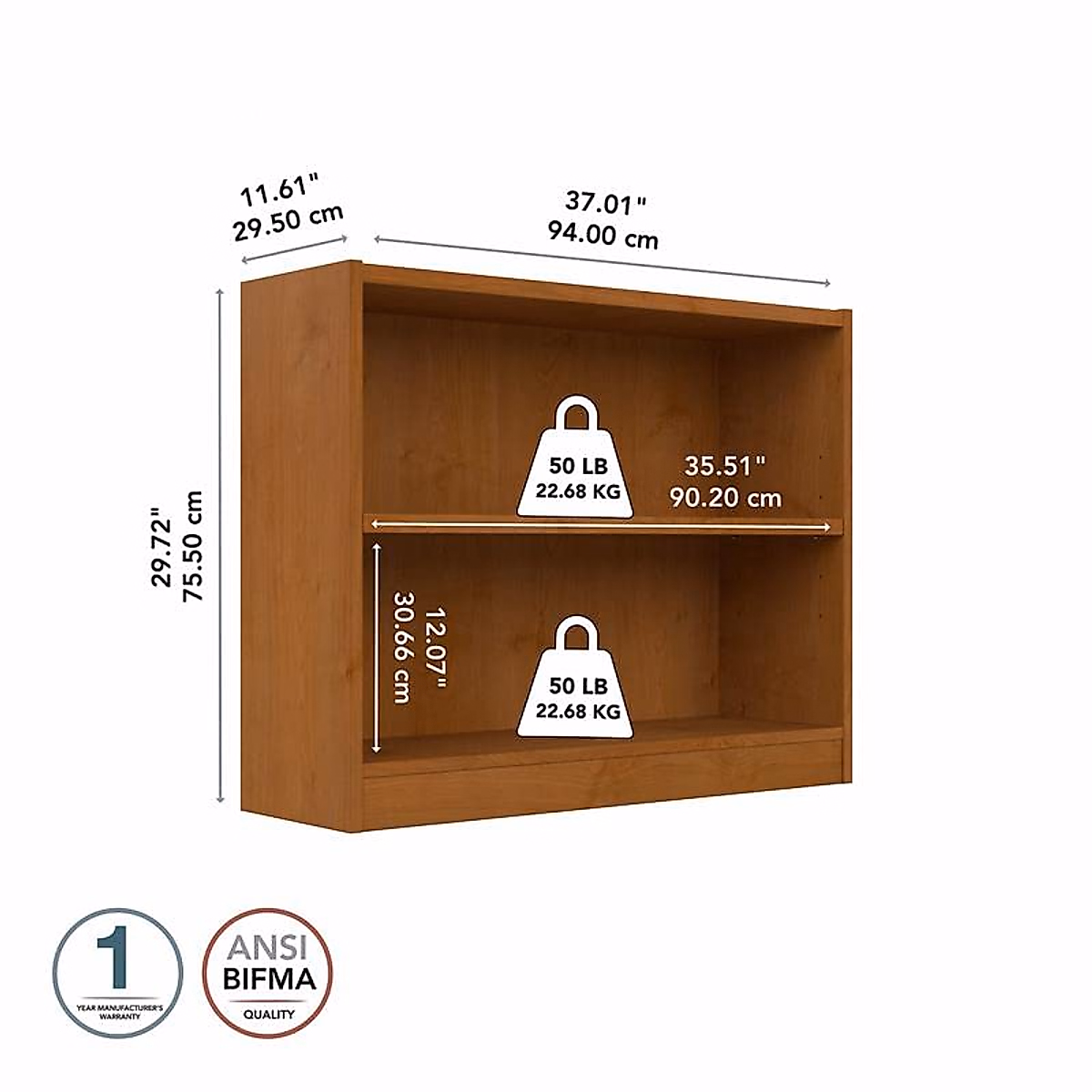 Bush Furniture Universal Small 2 Shelf Bookcase in Natural Cherry