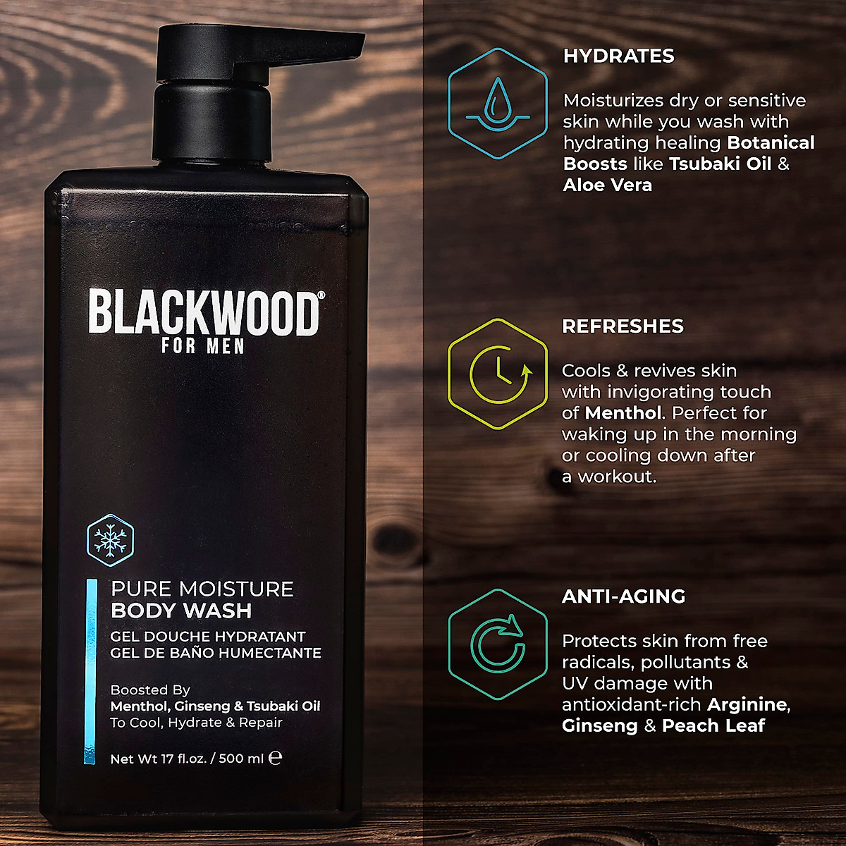 Blackwood For Men Pure Moisture Body Wash - Infused with Ginseng & Menthol - Natural Vegan Formula for Sensitive Skin and Workout Recovery - Sulfate Free, Paraben Free, & Cruelty Free (17 Oz)