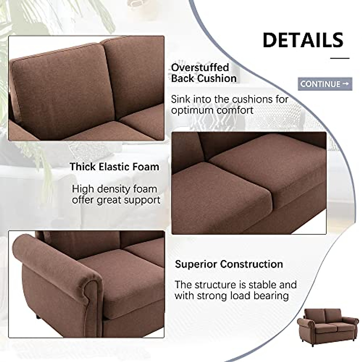 RUNNA Modern Linen Pull Out Sofa Bed Sleeper Sofa Bed with Twin Memory Foam Mattress,Convertible Sleeper Sofa Bed with Removable Backrest and Cushion,for Small Spaces (Brown), Full